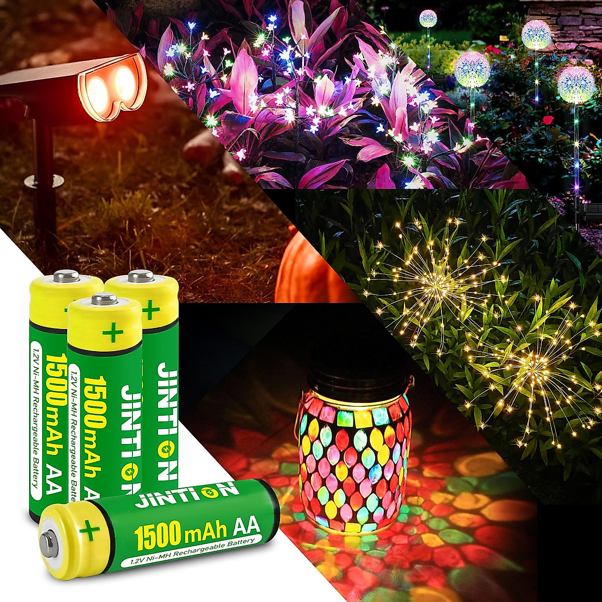 JINTION AA Rechargeable Batteries, Double A Ni-MH High Capacity 1.2V 1500mAh Pre-Charged AA Solar Battery for Solar Lights String Lights Remotes Toys, 4 Pack