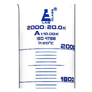 EISCO Graduated Cylinder, 2000ml - Class A Tolerance ±10.0ml - Round Base - Blue Graduations - Borosilicate 3.3 Glass