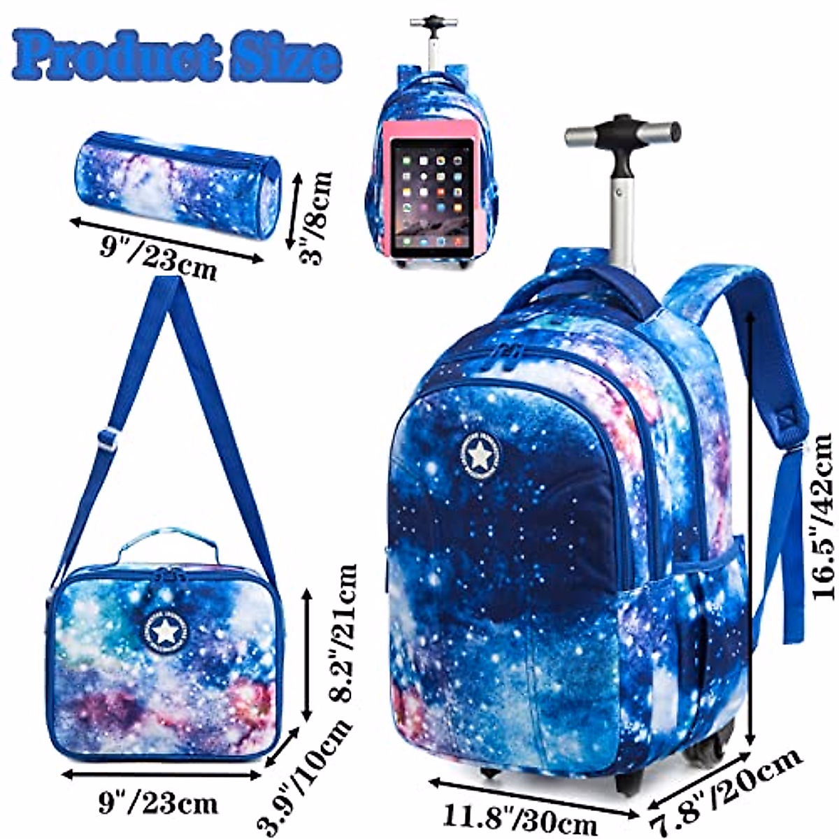 Oruiji Large Rolling Backpack for Boys Backpack with Lunch Box Pencil Case Galaxy Wheeled Backpack Carry on Luggage for Teen Boys