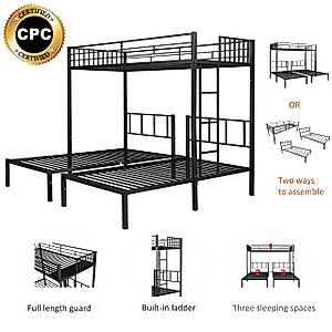 Harper & Bright Designs Twin Over Twin Bunk Beds for 3, Metal Triple Bunk Bed with Guardrails for Kids, Teens, Boys, Girls (Black)