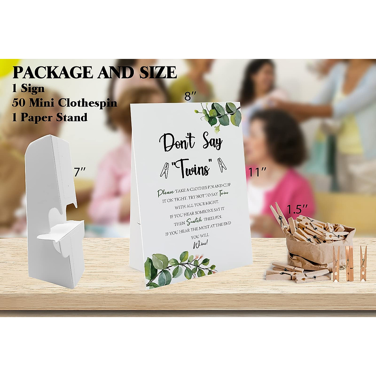 Greenery Don't Say Twins Game （1 Sign and 50 Mini Natural Clothespins） Don't Say Baby Baby Shower Game, Baby Shower Decorations, Baby Shower Games Gender Neutral, Green Leaves Baby Shower (DS21)
