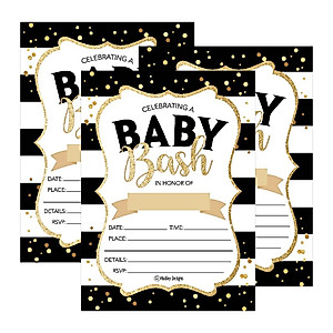 Hadley Designs - Black Gold Bash Baby Shower Invitations, Printable Shabby Chic Unique Custom Vintage Coed Twin Sprinkle Party Card Stock Paper Supplies - 25 Set