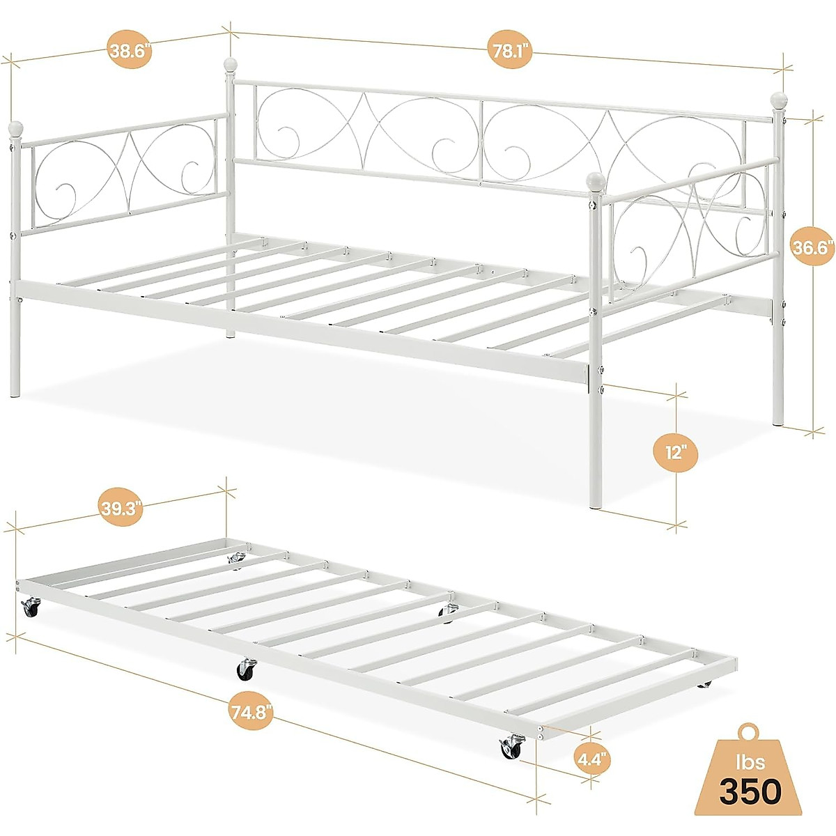 IDEALHOUSE Twin Daybed with Trundle, Metal Trundle Bed, Sofa Bed Frame, Heavy Duty Metal Slats, for Living Room, Bedroom, Guest Room, Space Saving, White