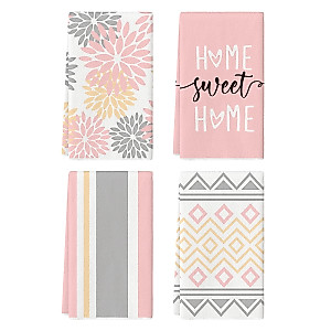 Artoid Mode Pink Stripes Home Sweet Home Boho Kitchen Towels Dish Towels, 18x26 Inch Wedding Decoration Hand Towels Set of 4