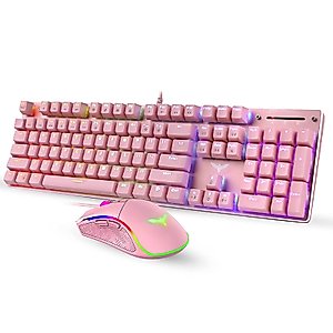 havit Havit Mechanical Gaming Keyboard and Mouse Combo Blue Switch 104 Keys Rainbow Backlit Keyboards, 4800 Dots Per Inch 7 Button Mouse Wired for PC Gamer Computer Laptop (Pink) (Renewed)