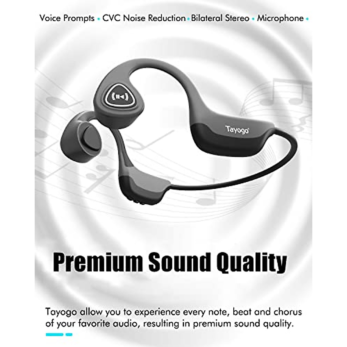 Tayogo Bone Conduction Headphones, Wireless Bluetooth Bone Conducting Earbuds, Open Ear Headset with Mic, for Running, Cycling, Yoga-Grey