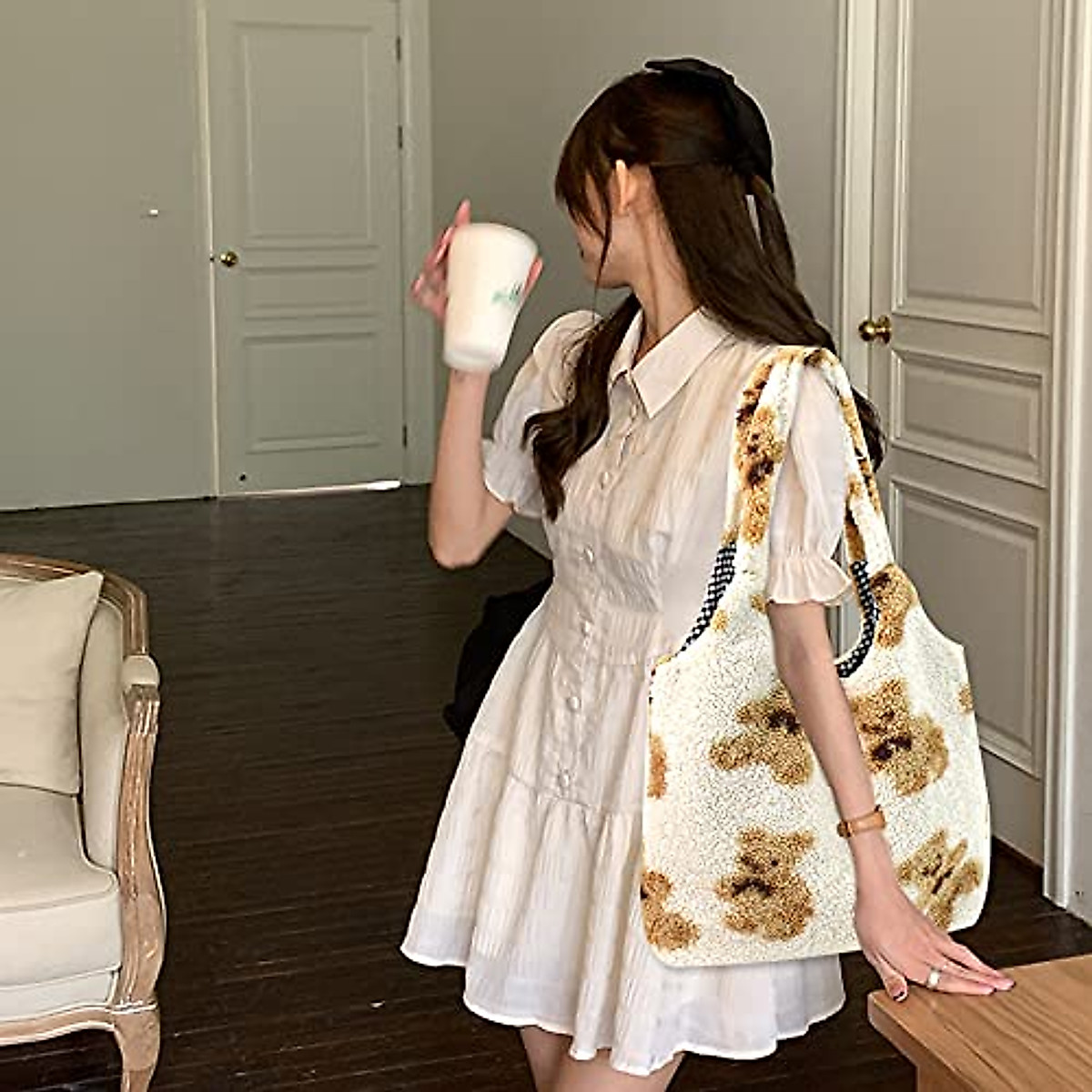 Women Girls Cute Bear Plush Shoulder Bag Large Tote Handbag Purse Faux Fur Shopping Dating Bag