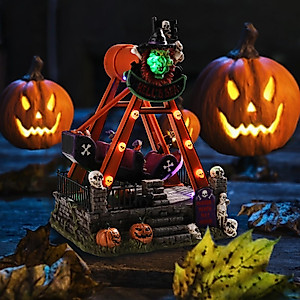 Chonsun Halloween Decoration Indoor Village House - Halloween Village Set Bumper Cars Pumpkin Skeleton Ghost Halloween Table Figurines with Motion and Creepy Laughter USB Powered Home Decor