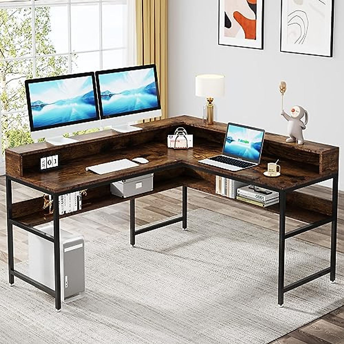 Tribesigns L Shaped Computer Desk with Monitor Stand and Storage Shelf, Rustic Large Corner Computer Desk, Gaming Table Workstation with Bookshelves for Home Office，54”L*47”W