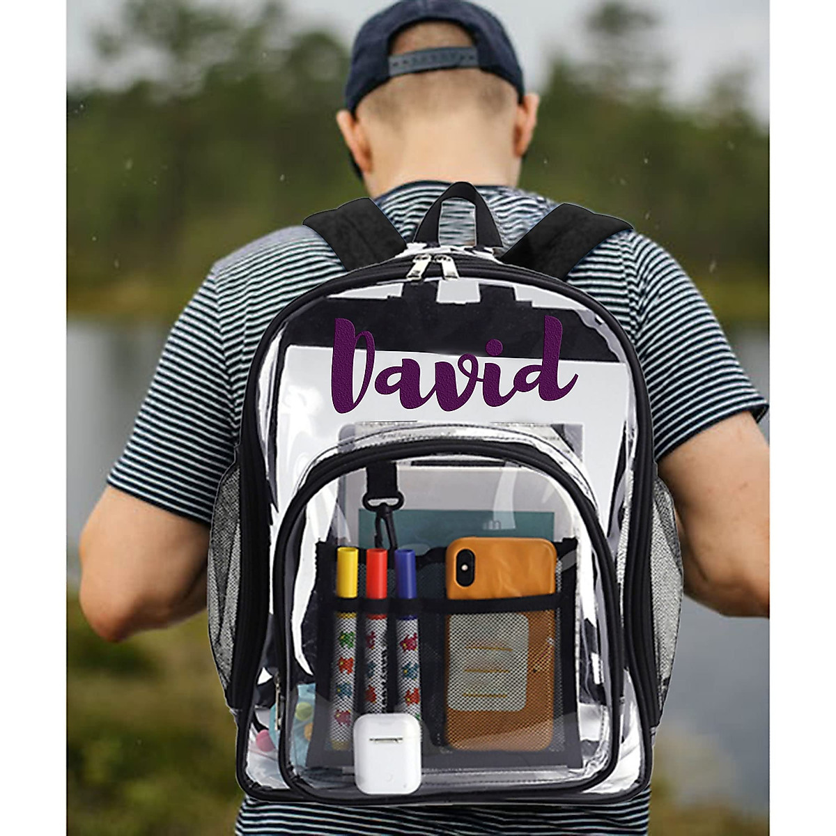 Personalized Clear Backpack, Heavy Duty Clear Bookbags, Custom Name Backpacks See Through Backpack for School, Travel,Work