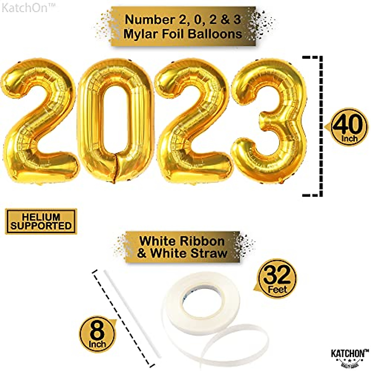 KatchOn, Graduation Balloons 2023 Set - Big 40 Inch, Pack of 43 | Gold 2023 Balloons Graduation, Pompoms and Hanging Swirls | Black and Gold Graduation Party Decorations 2023, Prom Decorations 2023