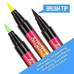 ARTDINGD Acrylic Paint Pens Brush Tip, 12 Colors Markers for Rock Painting, Calligraphy, Scrapbooking, Lettering, Card Making, Sketching, Black Paper, DIY Photo Album