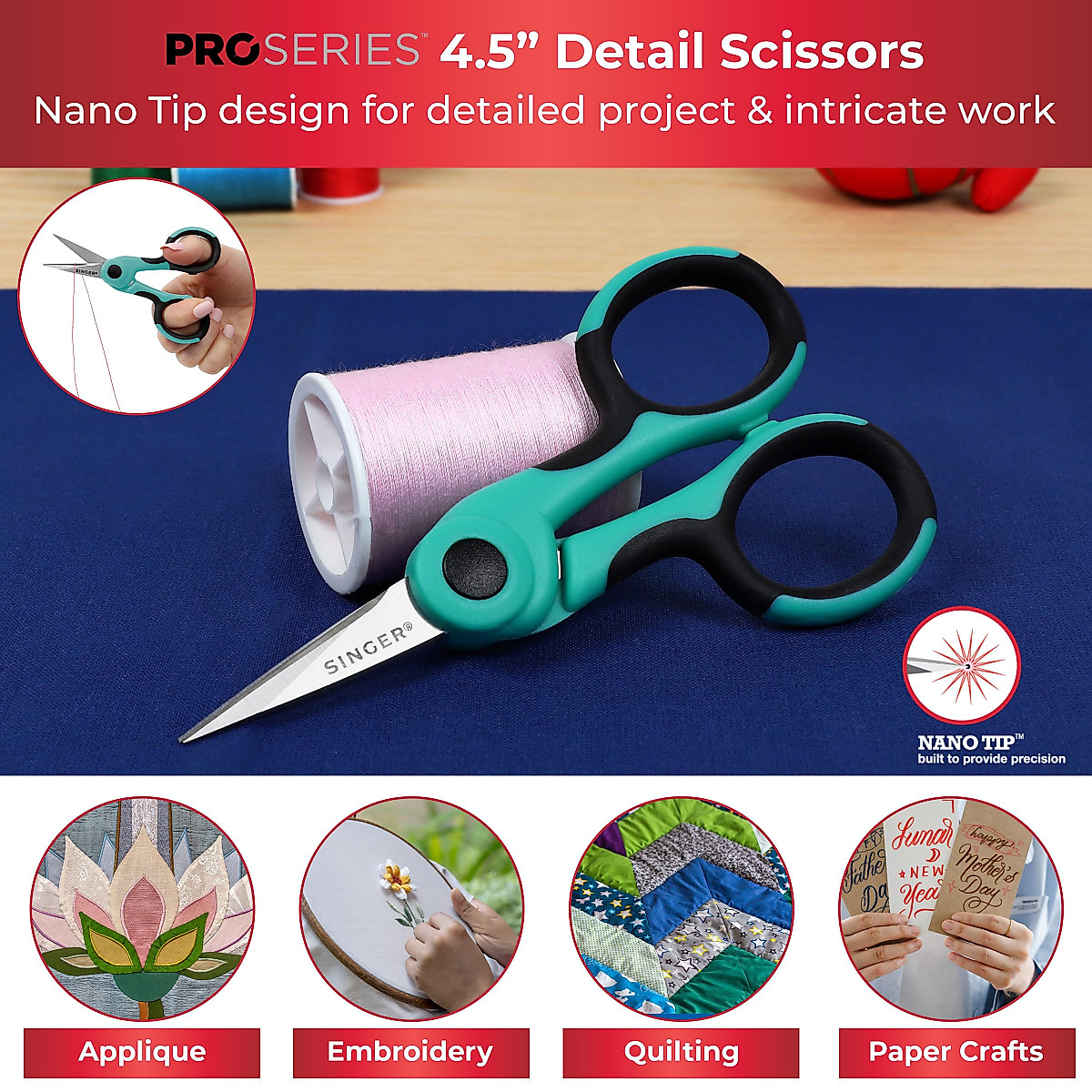 SINGER ProSeries Sewing Scissors Bundle, 8.5" Heavy Duty Fabric Scissors, 4.5" Detail Embroidery Scissors, 5" Thread Snips with Comfort Grip