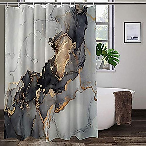 Jauiegu Shower Curtain Set, Marble Bathroom Accessories, 4 Piece Bathroom Decor Sets with Rugs and Waterproof Shower Curtains, 12 Hooks, Abstract
