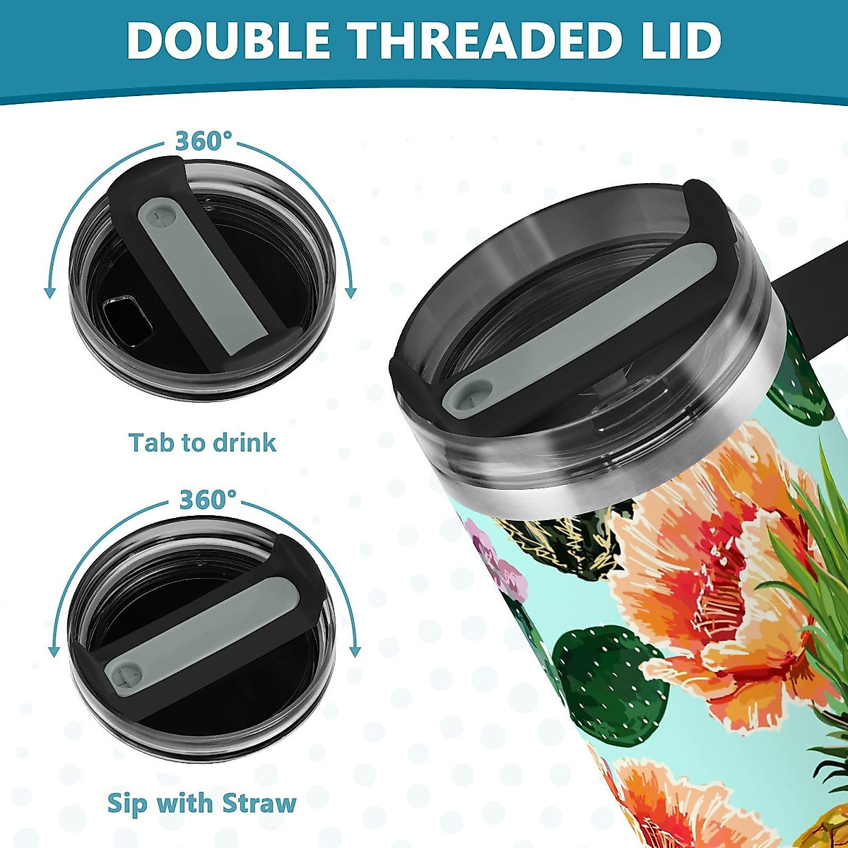 Yasala Car Tumbler with Handle Cactus Pineapple Travel Mug Coffee Cup Insulated Beverage Container Mega Cup for Hot Cold Drinking Thermos Water Bottle Cupholder Friendly 40 oz