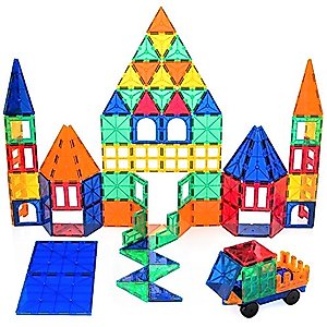 Playbees 100 Piece Magnetic Building Tiles Set, Clear Vivid Colors and Shapes, 3D Magnet Building Blocks for Kids, Toddlers, Stem Educational Learning Development Toy, Creativity Beyond Imagination
