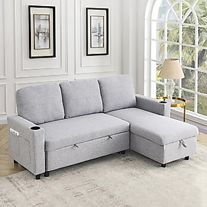 JEEOHEY 78.5" L Shape Couch Sofa,Linen Convertible Modular Sectional 3 Seater Couch w/Reversible Storage Chaise&Cup Holder,Sleeper Pull Out Sofa Bed for Living Room,Apartment,Small Place(Light Grey)