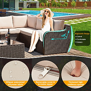 Vicluke 7 Pieces Patio Furniture Set, PE Rattan Sectional Sofa, High Back Outdoor Furniture Set, Wicker Patio Conversation Set with Cushion and Wood Table for Deck, Garden and Backyard (Blue)