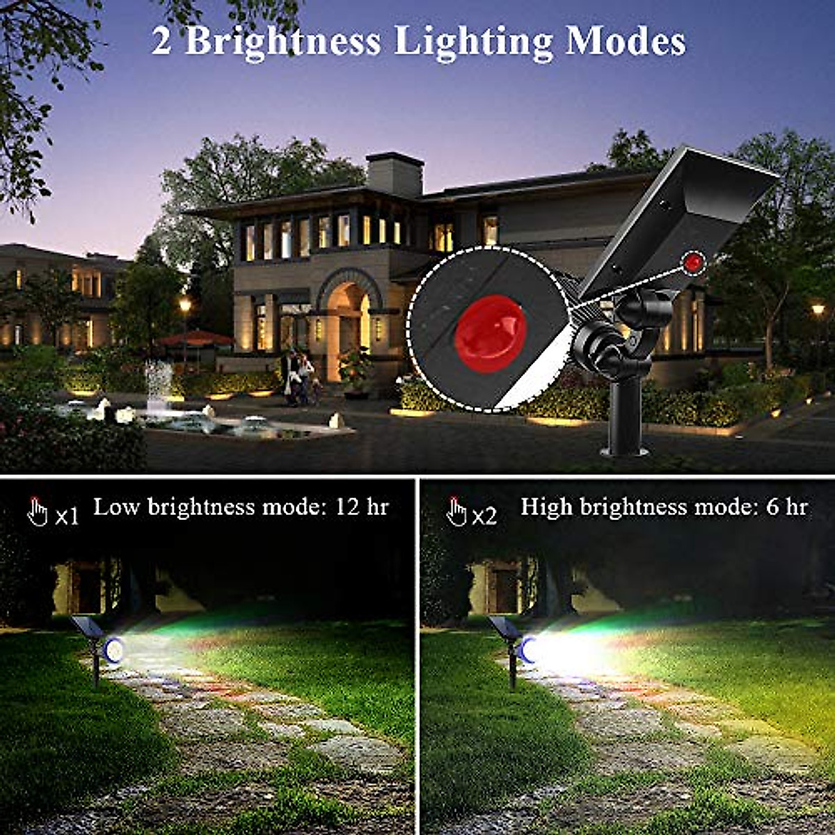 F-TECK Solar Spotlights, 2-in-1 Colored Adjustable 4 LED Wall/Ground Landscape Solar Lights with Automatic On/Off Sensor Dusk to Dawn, 2 Pack