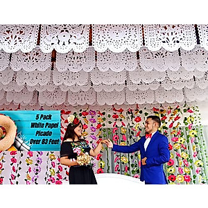 Mexican Party Decorations, 5 Pk White Papel Picado Banner Over 83 Feet long, For Wedding decorations, quinceañeras, birthdays, Mexican PAPER 50 Wedding Flags on string WS93