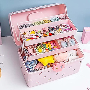 Children's Hair Accessories Organiser Jewelry Storage Box Large Capacity Hair Clips Rubber Band Multiple Layers Storage Boxes with Lock Pink