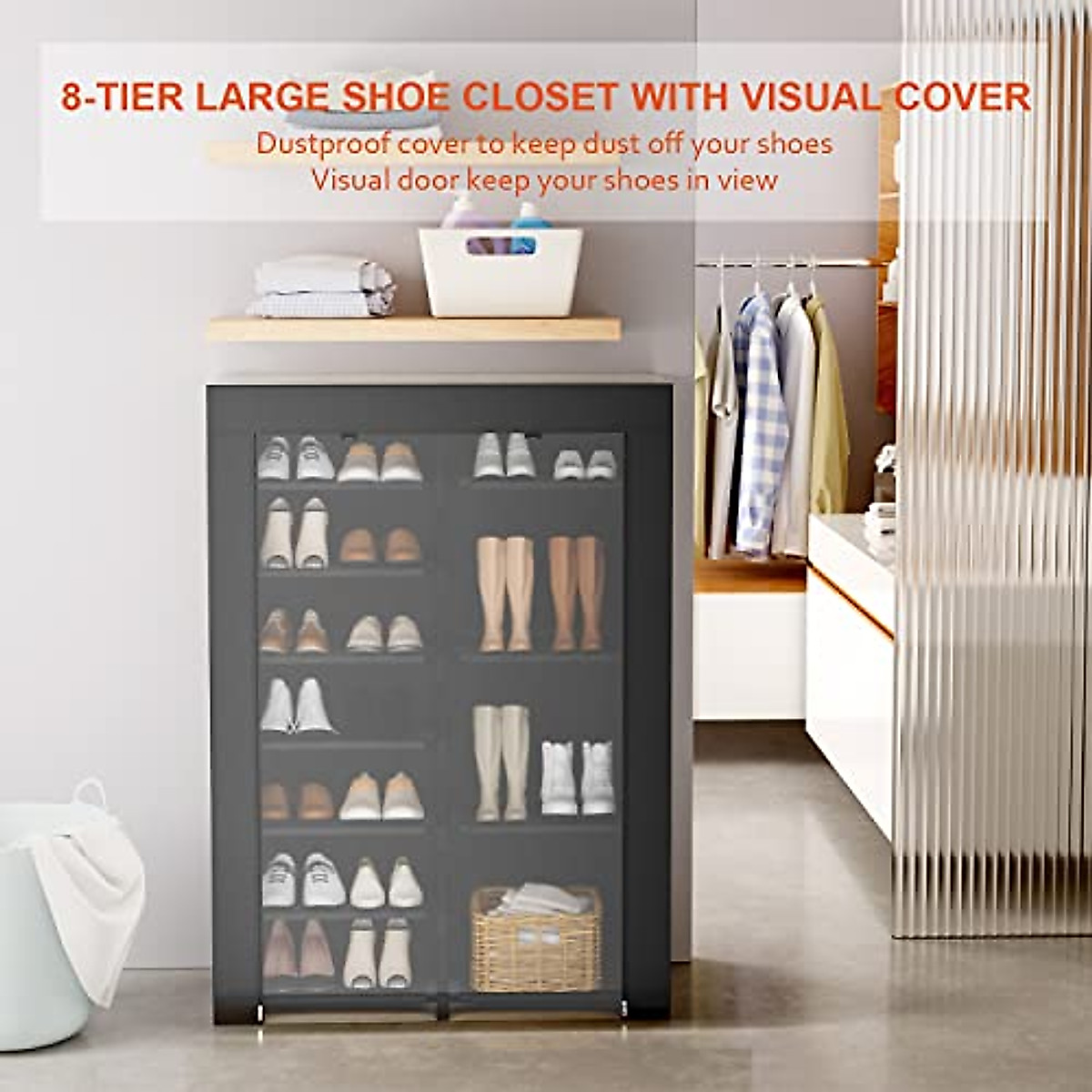 LVNIUS Shoe Rack with Covers Shoes and Boots Organizer Shoe Closet 8-Tier 22-26 Pairs, Large Shoe Organizer Cabinet,Tall Closed Shoe Storage Rack Shoe Shelves for Garage Bedroom,Mueble para Zapatos