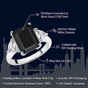 Gem Stone King 7.30 Cttw Black Onyx 3-Stone Ring For Women In 925 Sterling Silver | Emerald Cut 12X10MM | Trillion 5X5MM | Gemstone December Birthstone | Available in Size 5,6,7,8,9