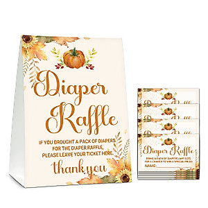 Diaper Raffle Baby Shower Game Set (1 Standing Sign + 50 Guessing Cards), Happy Fall Thanksgiving Day Diaper Raffle Tickets for Baby Shower, Autumn Little Pumpkin Baby Shower Party Favor Decor (C02)