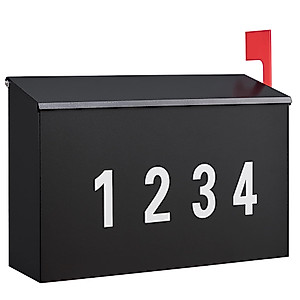 LAND·VOI Wall-Mount Mailbox with One Flag Kit and Three Sets of 0-9 Mailbox Number Stickers, Mailboxes for Outside, Galvanized Steel Rust-Proof Metal Post Box, 4.33" Dx14.2 Wx10.43 H, Black, AMB03B