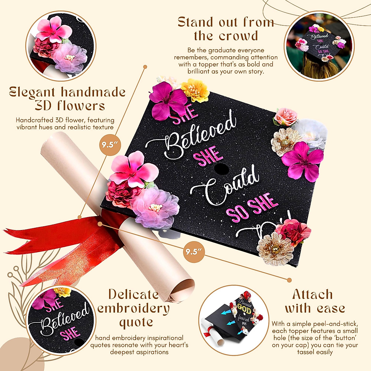 GRADWYSE Once Upon A Time Handmade Graduation Cap Topper Gift For Her Graduation Gift Graduation Cap Decorations, She Believed She Could So She Did (Black)