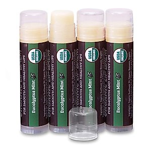 USDA Organic Lip Balm 4-Pack by Earth's Daughter- Eucalyptus Mint Flavor, Beeswax, Coconut Oil, Vitamin E - Best Lip Repair Chapstick for Dry Cracked Lips.
