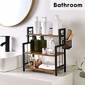 Pierybyt Kitchen Spice Rack Organizer,3-Tier Wooden Spice Organizer with Wire Basket,3 Hooks Countertop Organizer for Kitchen, Bathroom, Office, YKJ-TWJ-0104