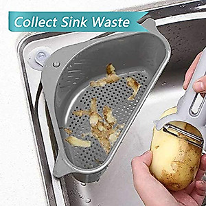 Eutreec Sink Basket, Triangular Multifunctional Drain Shelf Sink Storage Rack Kitchen Sucker Storage Holder Sink Corner Strainer Bathroom Hanging Shelf Soap Box Organizer (Gray)