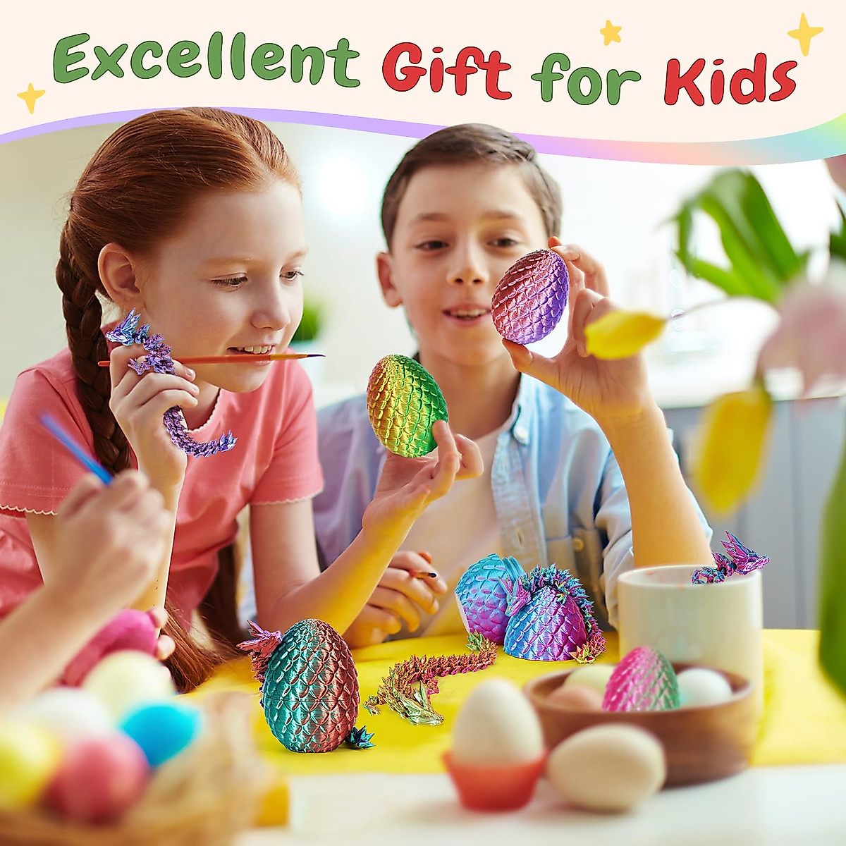 YILCER 4PCS 3D Printed Dragon Eggs with Dragon Inside Easter Basket Essentials Prefilled Easter Eggs with Toys Mini Easter Basket Stuffers Mystery Dragon Egg Fidget Toy 3D Printed Animals Toy