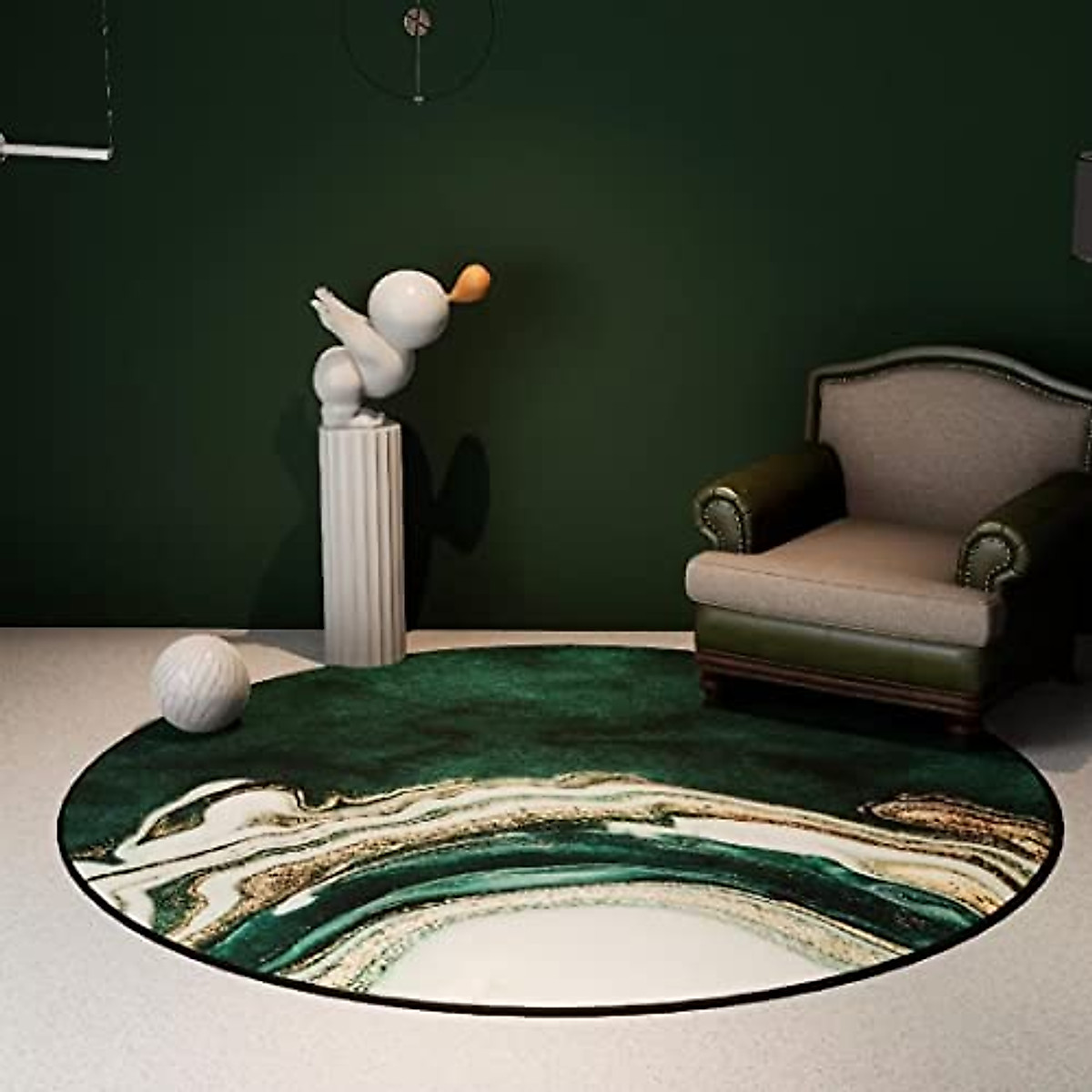 Round Area Rug Pad 4ft Emerald Green Round Marble Throw Rug for Bedroom Living Room Washable Non-Slip Floor Mats Modern Home Decor Circle Carpets