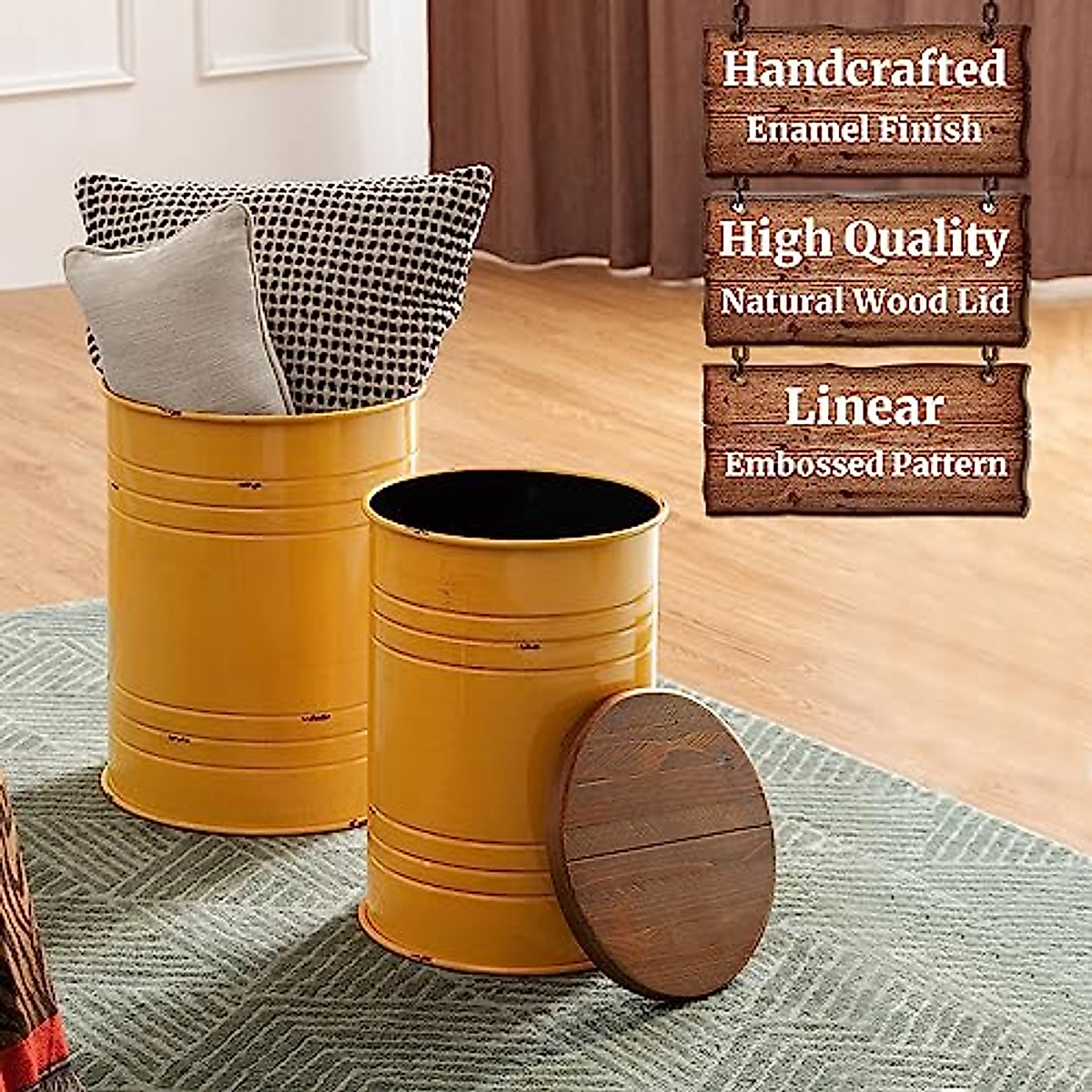 glitzhome Rustic Storage Ottoman Seat Stool, Farmhouse Nesting Table, Galvanized Barrel Metal Accent End Side Table Toy Box Bin with Round Wood Lid Set of 2 for Living Room Furniture, Yellow