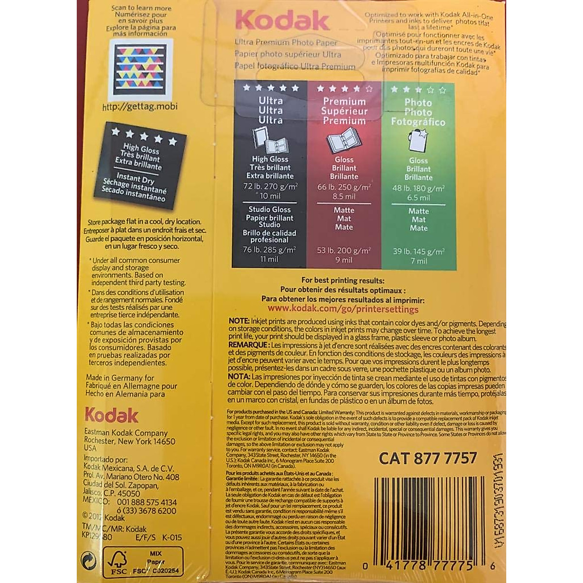 Kodak Ultra Premium photo paper 4 x 6 glossy, (NOT FOR DOCK PRINTERS) 20 count 74 lb - 280 g/m (41150-8777757) Not compatible with Kodak Dock Printers.