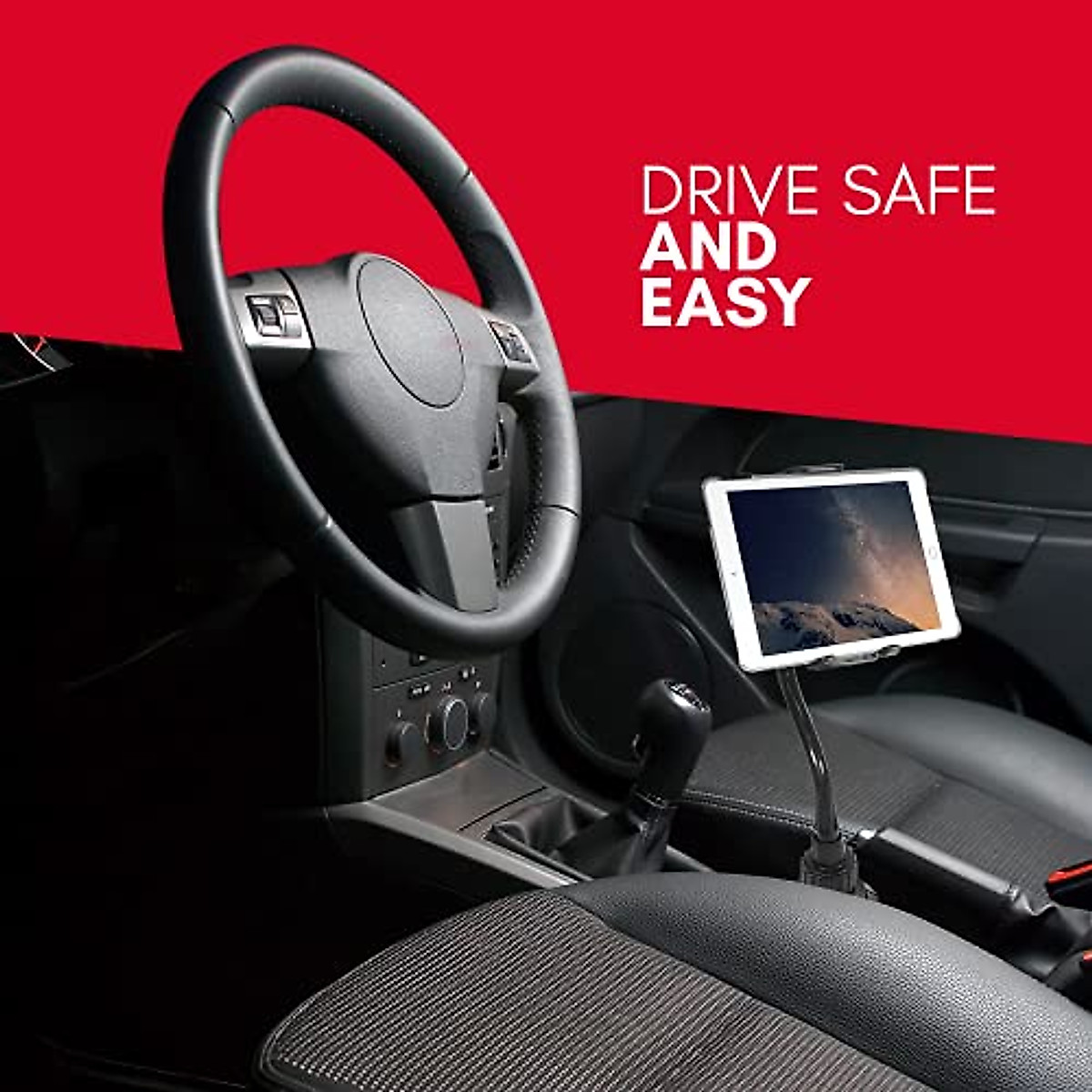 Cup Holder Tablet Mount, Macally iPad Cup Holder Car Mount - 12" Flexible Gooseneck iPad Car Mount - Tablet Holder for Truck, Car, and Vehicle - iPad Stand for Car - For Pro / Air / Mini, Smartphones