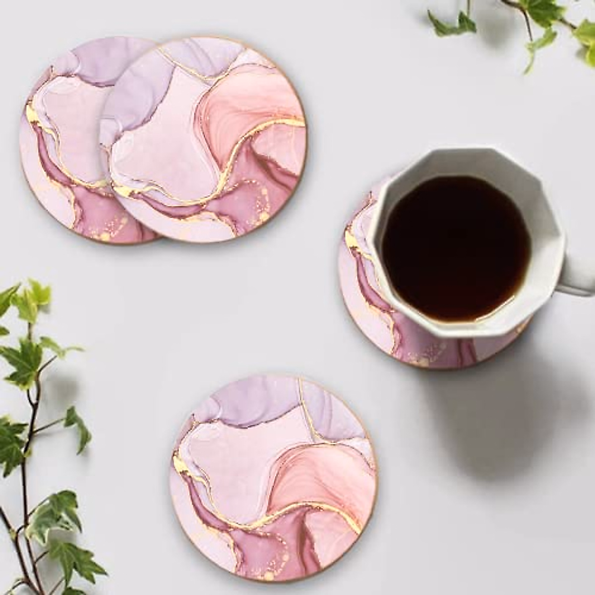 kasader Coasters for Drinks 4 Pcs Cork Coasters Absorbent Heat Resistant Coaster Premium Home Decor Housewarming Gifts - Pink Marble Pattern, 3.93in