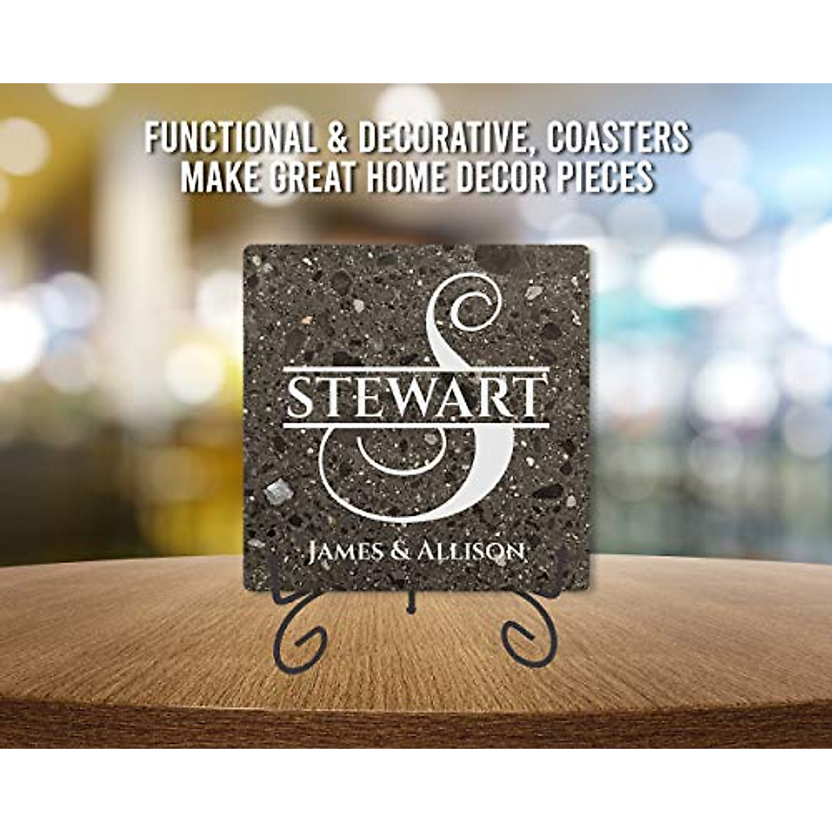 Krebs Custom Coaster Set of 4 - Personalized Name Monogram Drink Coasters - Absorbent Stone Coasters with Non-Slip Cork Backing - 4" Large Coasters for Anniversary, Housewarming, Wedding