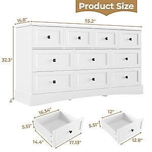 Hasuit White Dresser for Bedroom with 10 Drawers, 55.2" Long Drawer Dresser with Charging Station, Farmhouse Dresser Chest of Drawers, Large Wooden Storage Tower Organizer, Dresser for Bedroom Closet