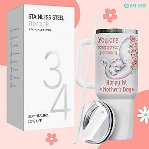 34HD First Mothers Day Gifts, Elephant Mom Tumbler with Handle and Straw 40oz Stainless Steel, Cute Baby Animal Gifts for New Mom, Mama Coffee Travel Mug