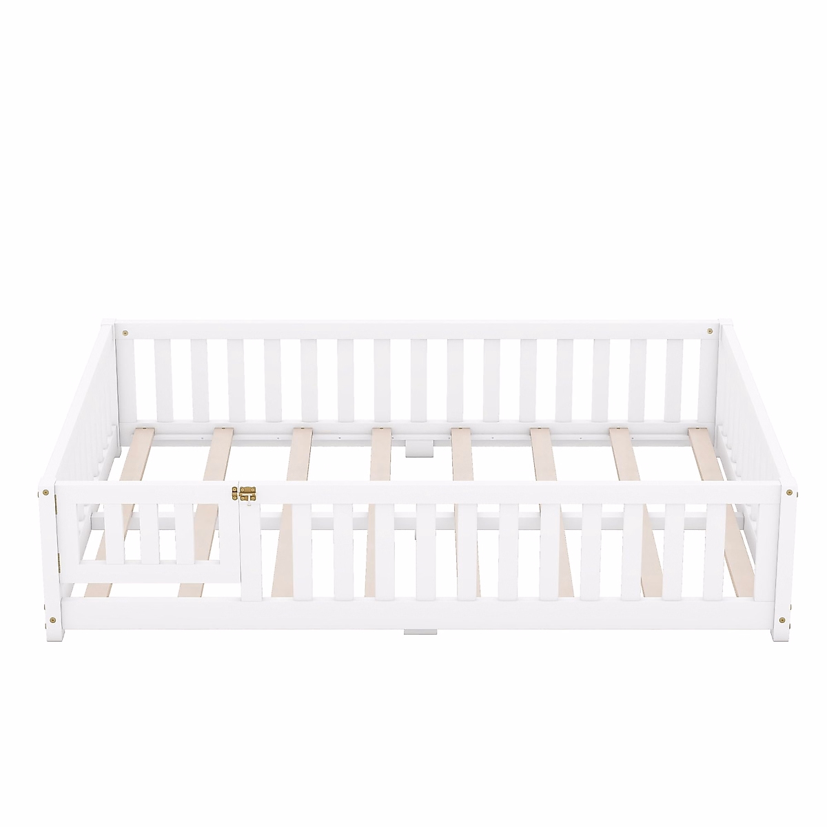 Full Size Floor Bed for Kids, Wood Montessori Bed with Slats, Safety Fence & Door, Playhouse Floor Bed Frame with Rails for Girls Boys Children Teens, White
