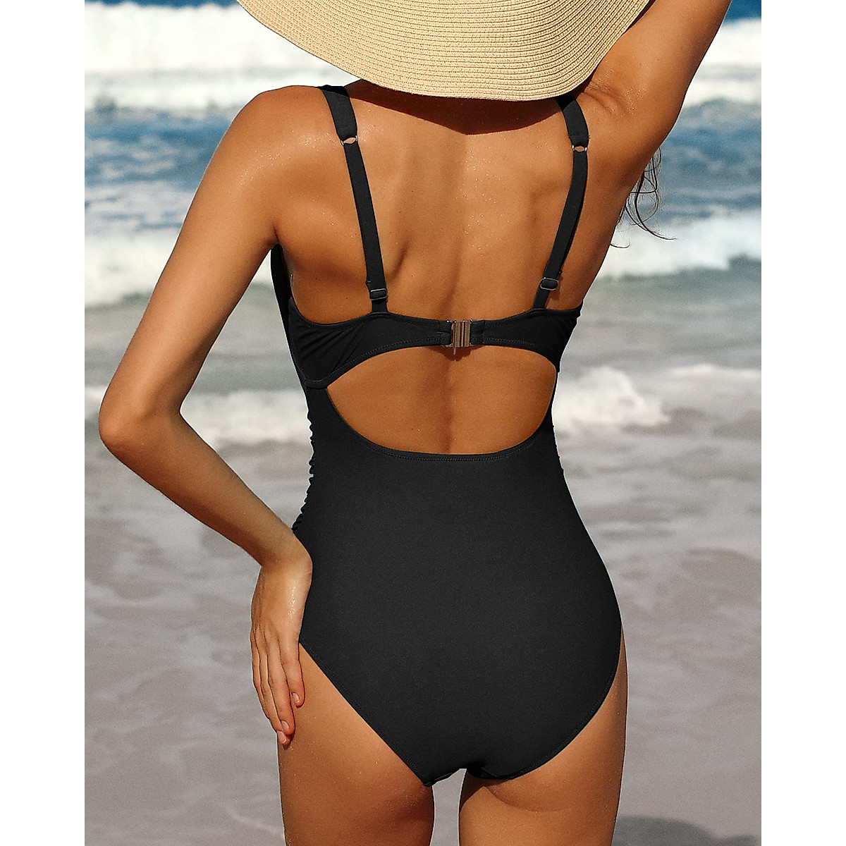 Charmo Womens One Piece Swimsuit Ruched Tummy Control High Cut Backless V Neck Bathing Suits Swimwear Black Large