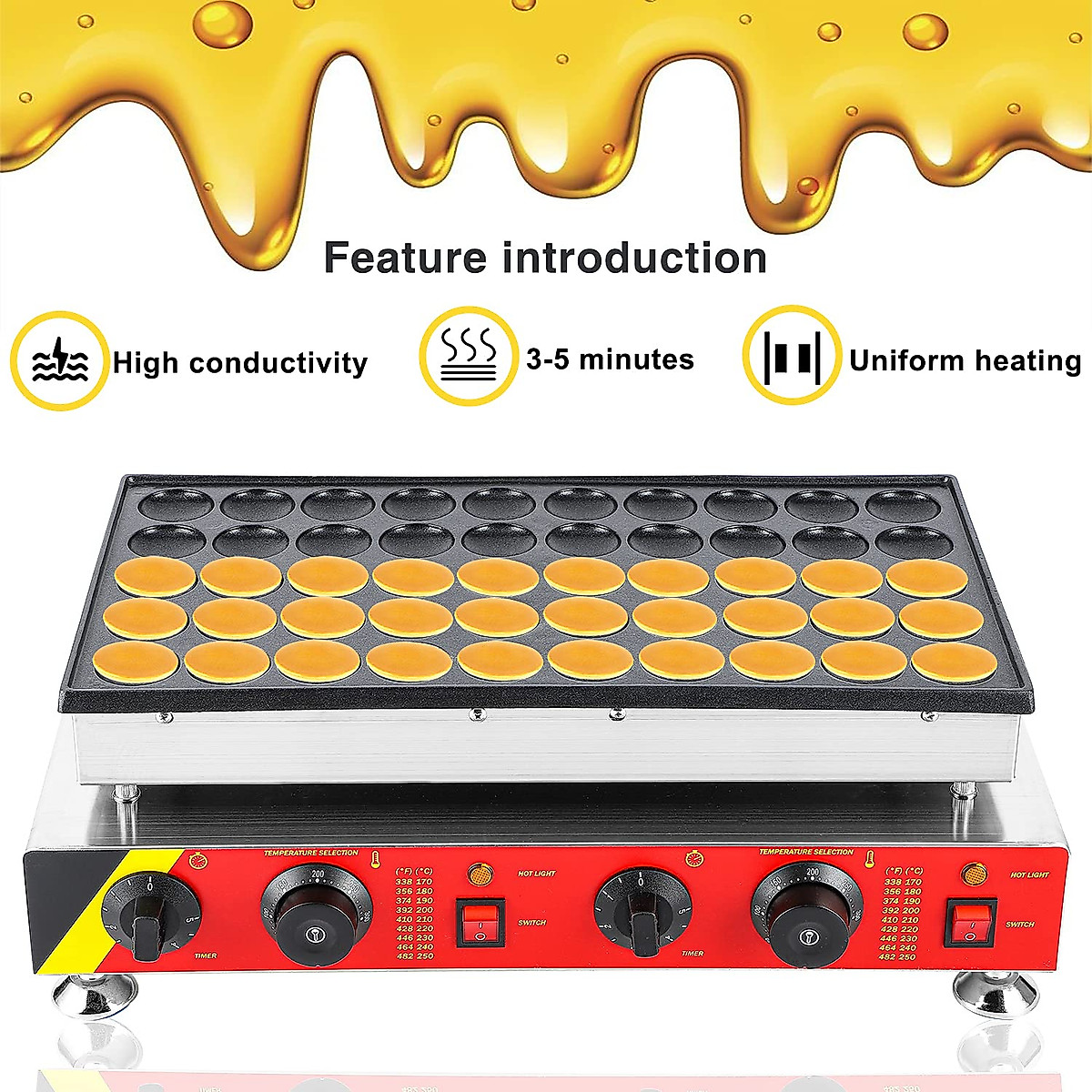 Hanchen Electric Dorayaki Maker Commercial Muffin Bake Machine 50Pcs Double Switch Poffertjes Grill Dutch Mini Pancake Maker Non-stick Surface for Bakery Home and Kitchen Restaurant Leisure Snack Bar (110v 60Hz American Plug)