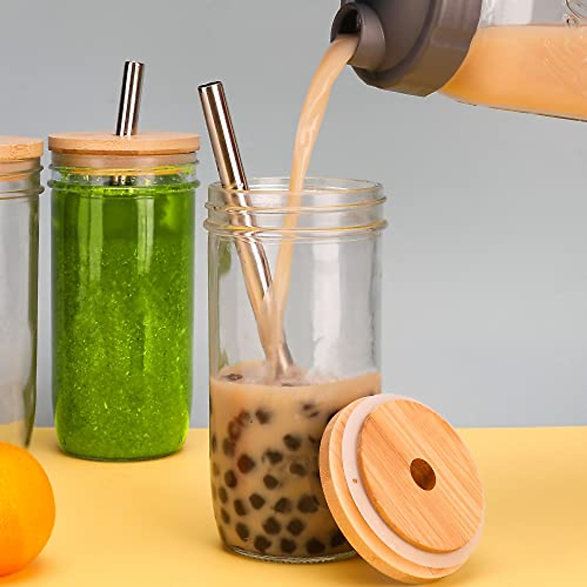 Mixrug Bubble Tea Cups 24oz 2 Pack, Reusable Iced Coffee Cups Wide Mason Mouth Smoothie Cups With Bamboo Lids and Silver Straws, Mason Jar Drinking Glasses Cups, Travel Glass Drinking Bottle