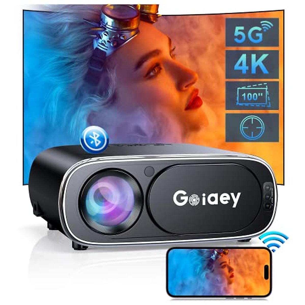 【Auto Focus】Projector with WiFi 6 and Bluetooth 5.2 with 100'' Screen, Goiaey 490 ANSI 19000L Native 1080P 4K Support Movie Video Projector, Auto 6D Keystone, Portable Projector for iOS/Android/TV/PS5