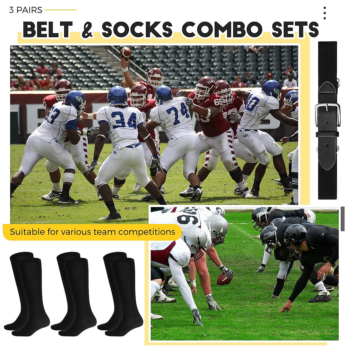 SATINIOR 3 Pairs of Baseball Socks &amp; 3 Belts Combo Youth &amp; Adult Baseball/Softball Belt &amp; Socks Combo Set (Black, S/M) Small-Medium