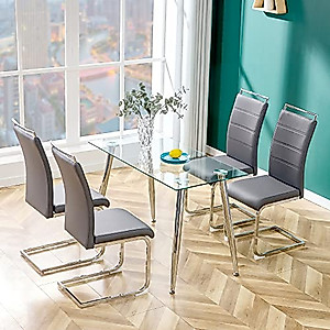 FATFISH Modern Dining Chairs, PU Faux Leather High Back Upholstered Side Chair Transverse Stripe Backrest Design for Dining Room Kitchen Vanity Patio Club Guest Office Chair (Set of 4) (Gray+PU)