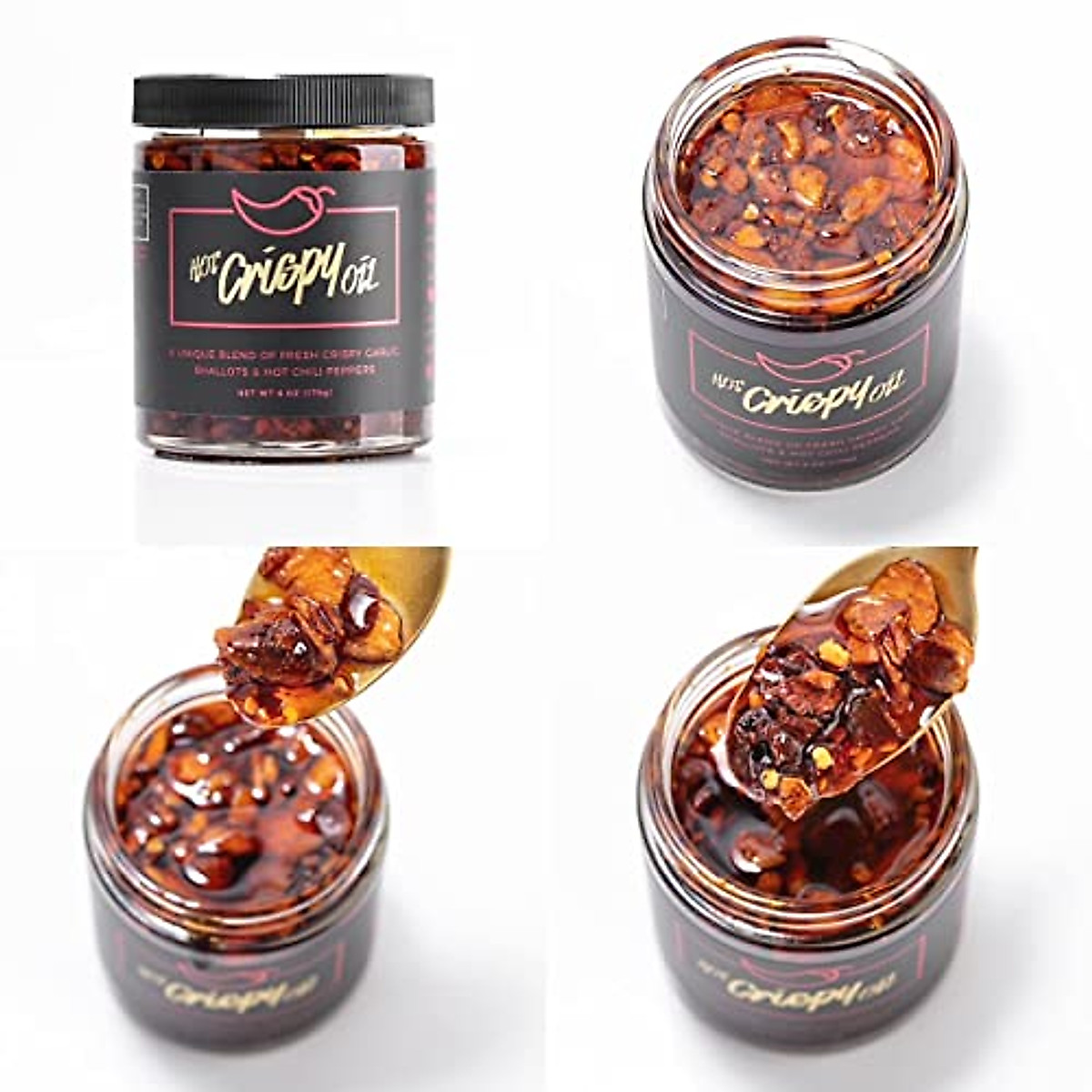 Hot Crispy Oil, An all natural unique blend of fresh fried shallots, fresh garlic and a proprietary blend of three different chili peppers. Highly addictive.